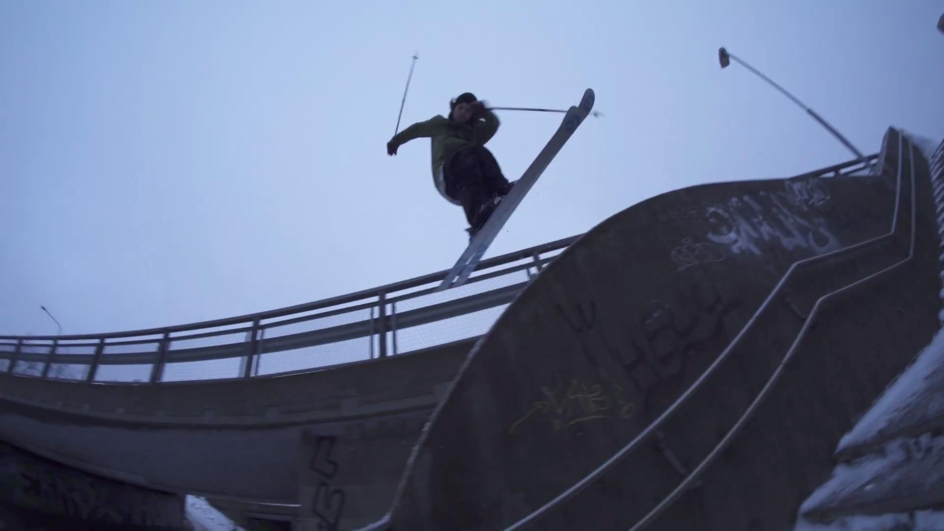 Guy Attempts Jump Turn After Skiing Down Concrete Handrail And Falls ...