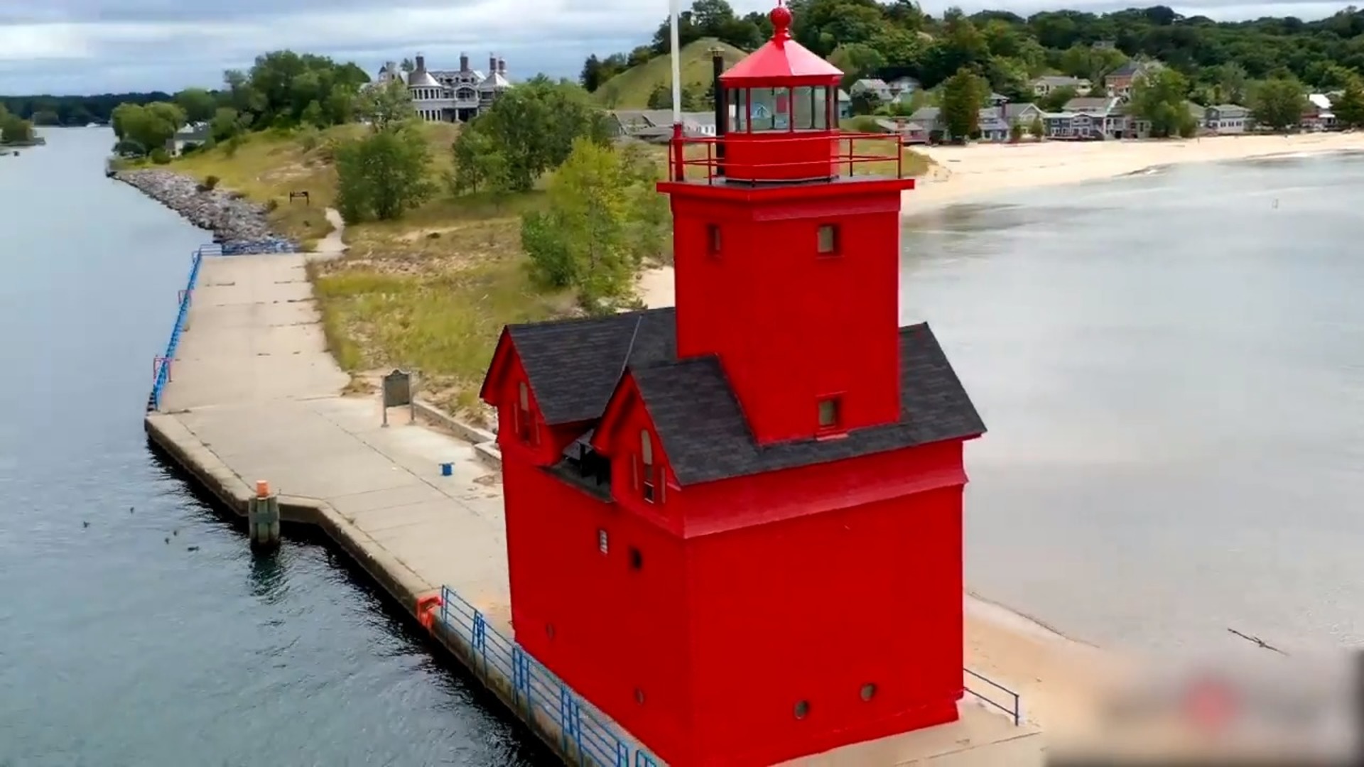 Aerial View Of Little Sable Point Lighthouse And Holland Big Red ...