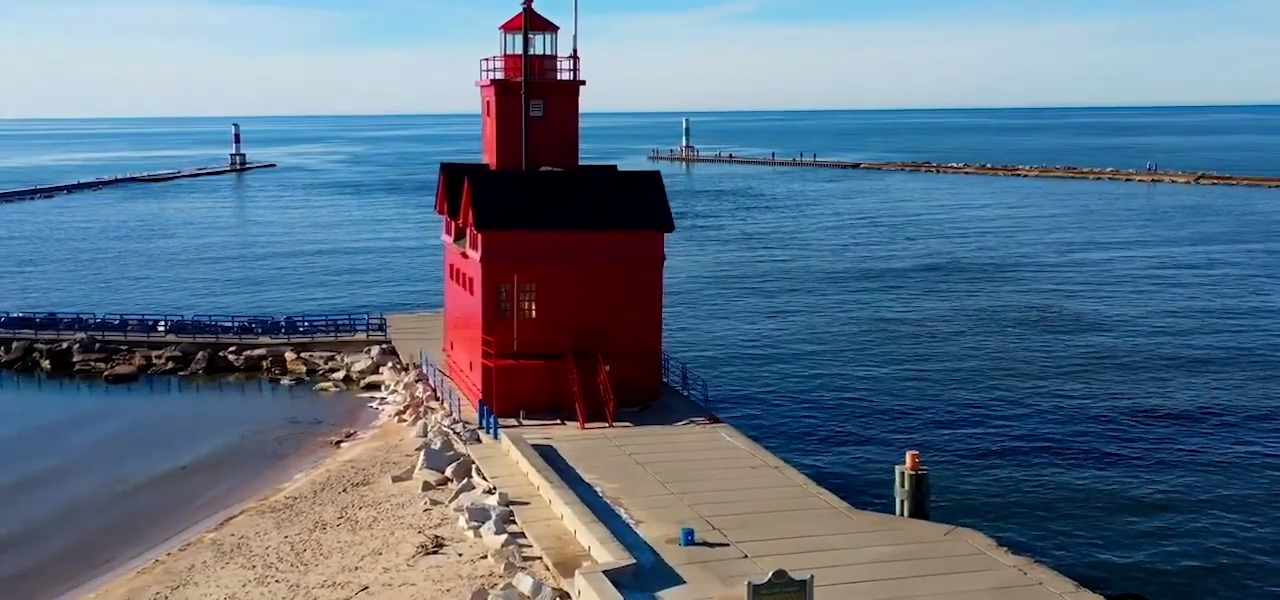 Drone Captures Aerial View of Big Red Harbour Lighthouse and Area ...