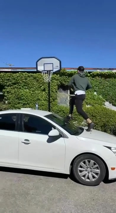 Guy Steps on Windshield Glass to Make Basketball Shot and Accidentally ...