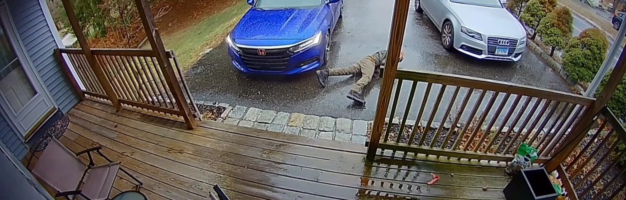 Guy Slips Off Misty Porch Stairs and Falls in Driveway on Cold Day ...