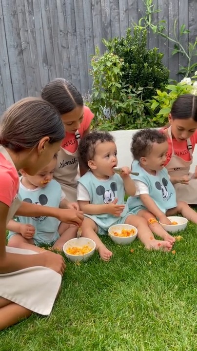 Trio of Triplet Kids Prepare Food and Feed Another Set of Toddler ...
