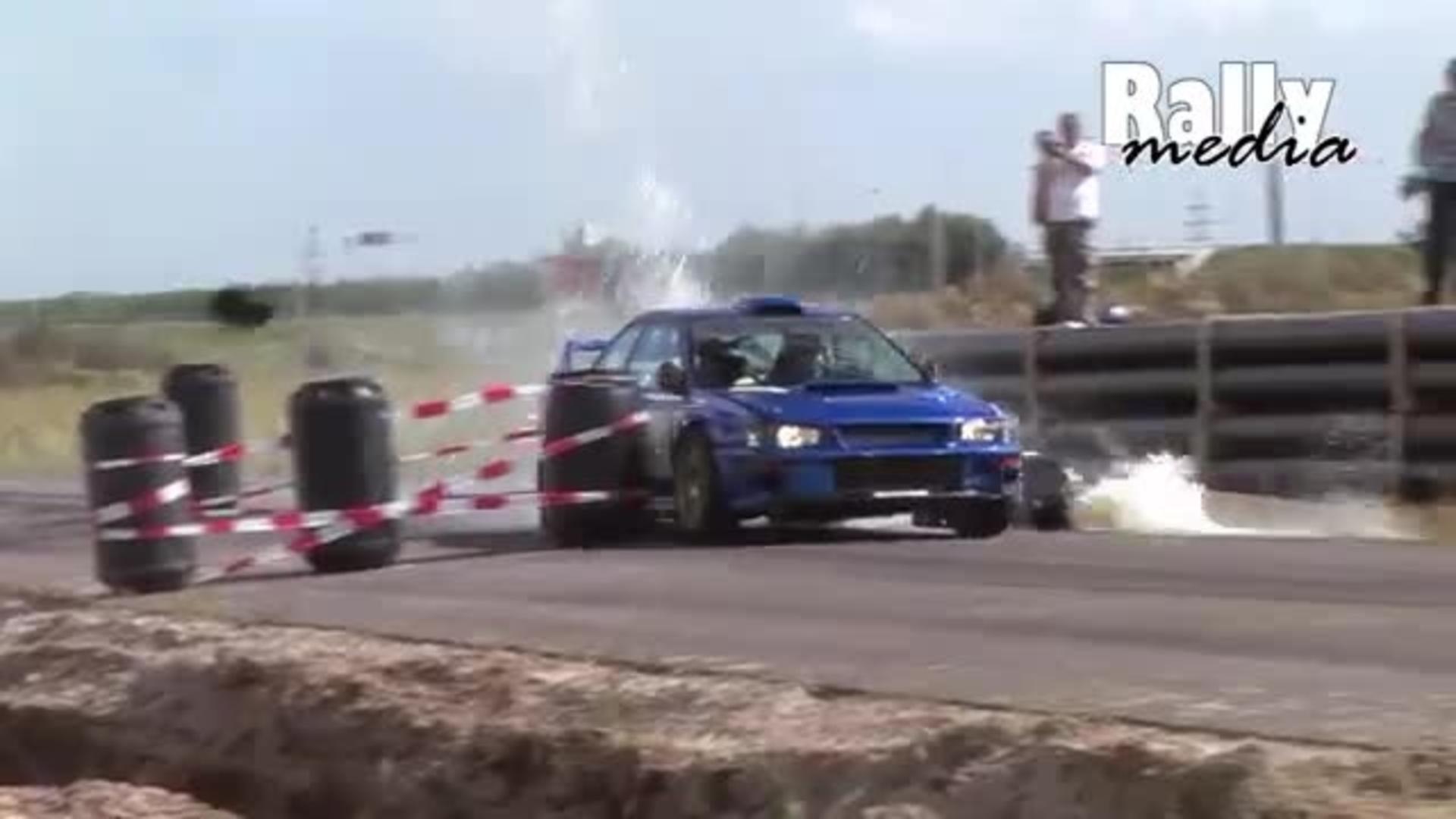 Subaru Rally Car Crashes into Water Barrel | Jukin Licensing