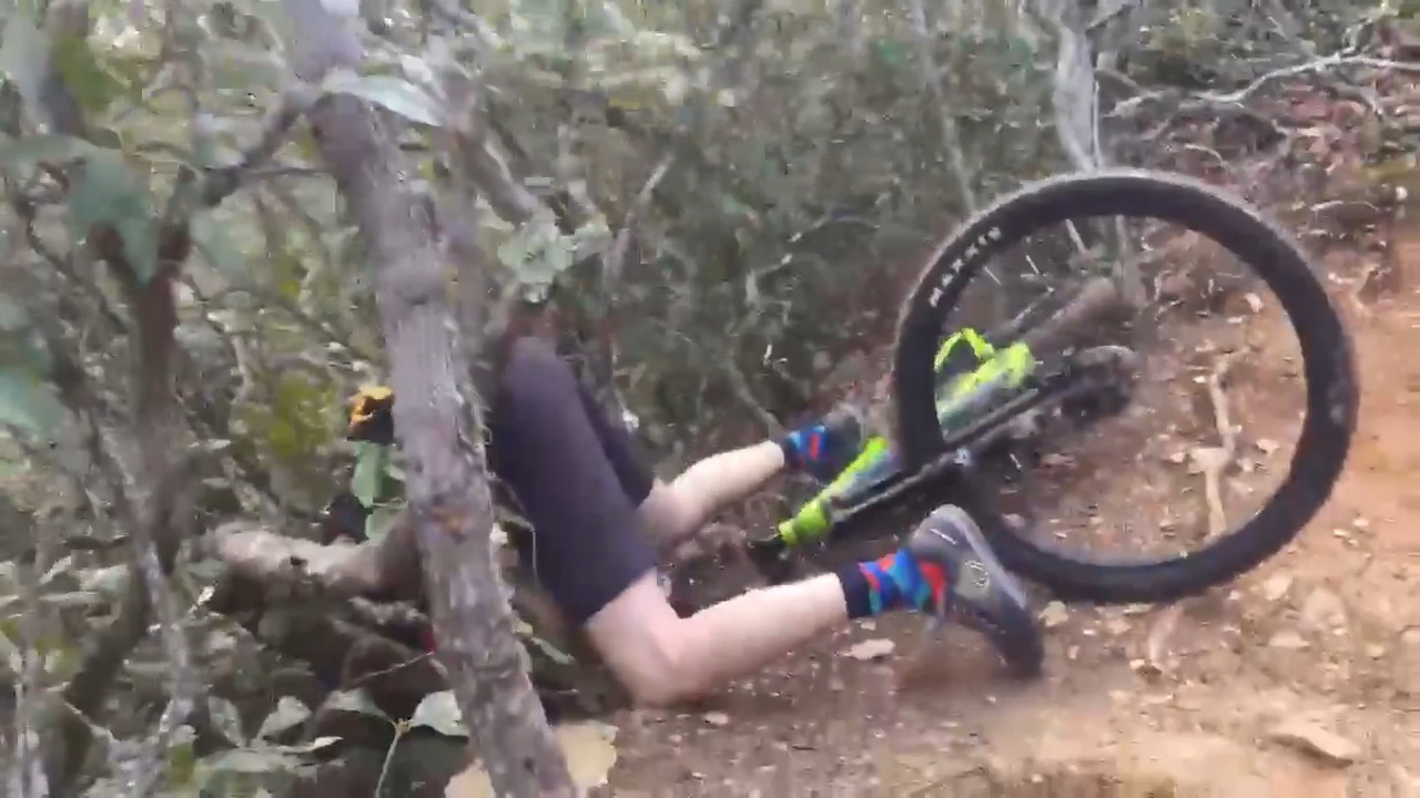Man Falls Over Handlebar While Riding Mountain Bike Down Tricky Trail ...