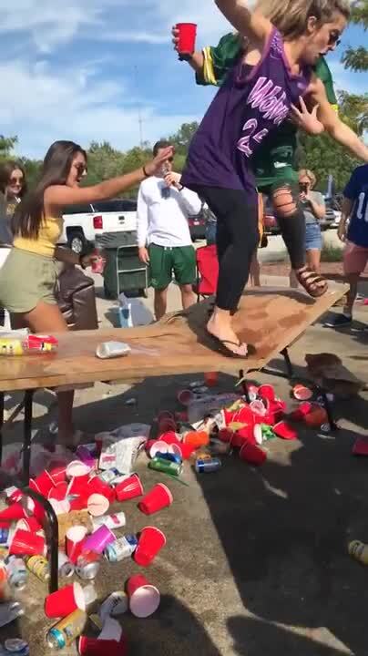 Two Girls Fall While Dancing on Table as Guy Kicks and Break it ...
