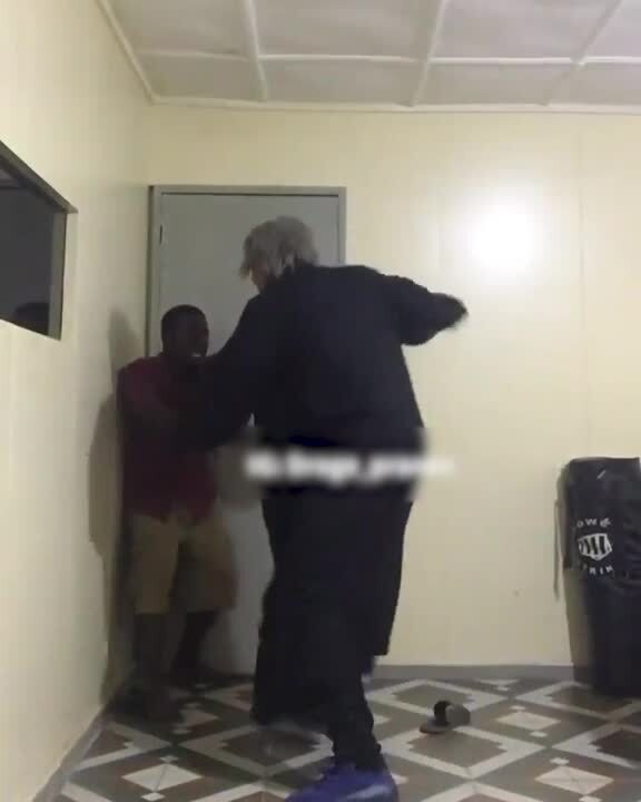 Tall Guy Wearing Scary Costume Pranks Another Guy By Hiding in Dark ...